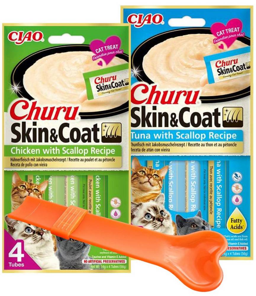Inaba Ciao Churu Skin&Coat Mix Smaków Przysmak dla kota op. 4x14g Pakiet 2szt. + Łyżka Ciao Gratis