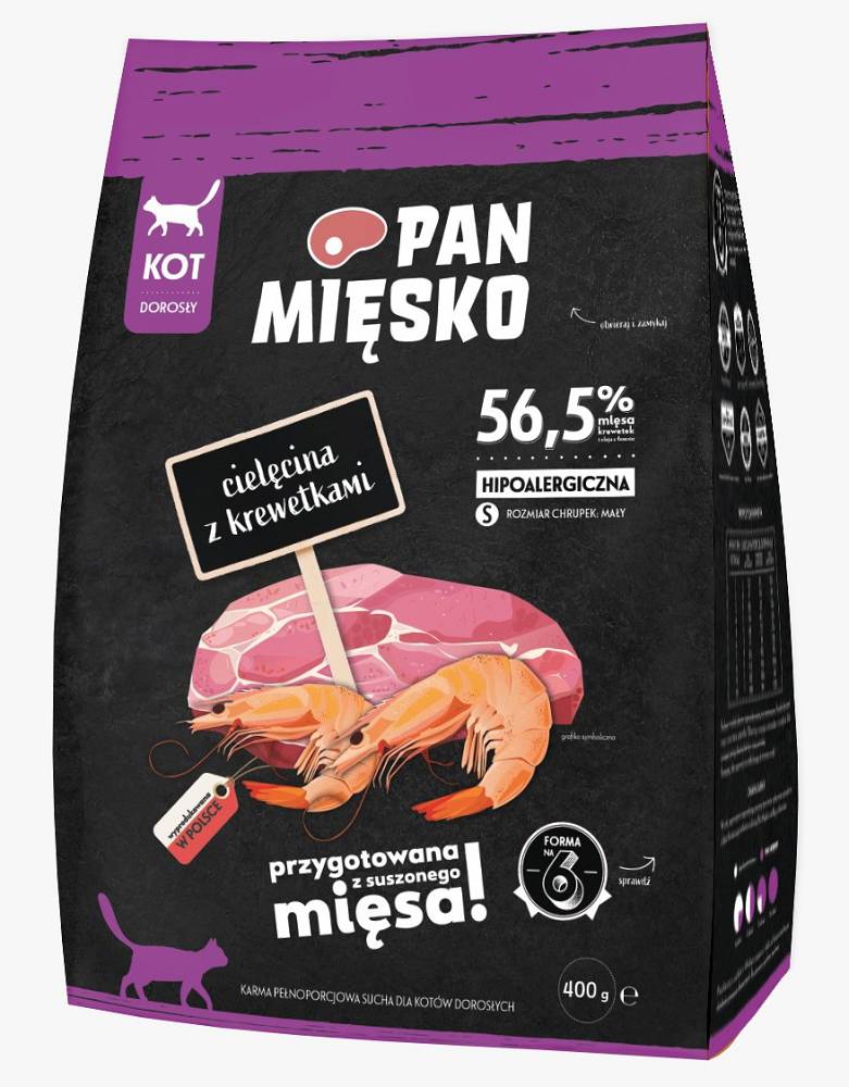 Pan Mięsko Cielęcina z krewetkami Sucha Karma dla kota op. 400g Pan Mięsko Cielęcina z krewetkami Sucha Karma dla kota op. 400g